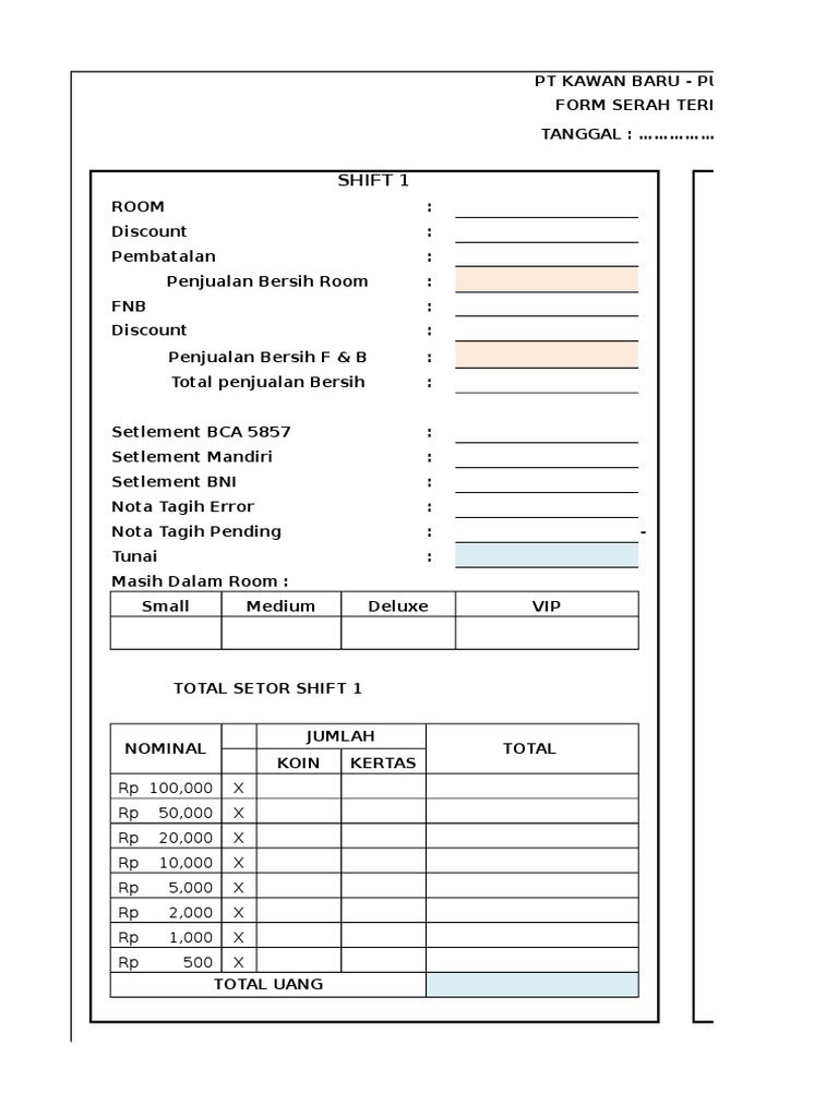 Form Serah Terima Kasir | PDF | Pengelolaan Keuangan & Uang