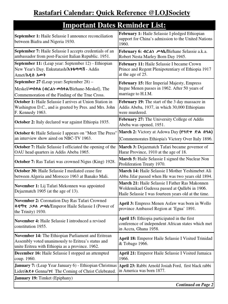 Rastafari Calendar Quick Reference List Print Ready | PDF | Ethiopia ...