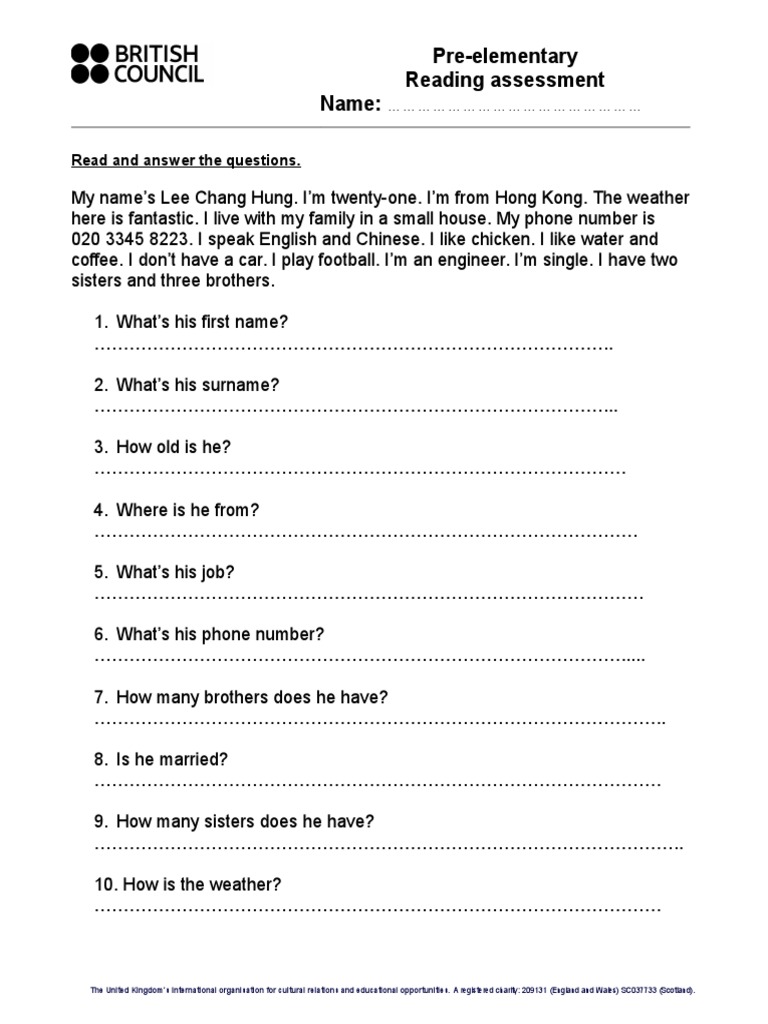 Pre-Elementary Reading Assessment Name:: Read and Answer The Questions ...