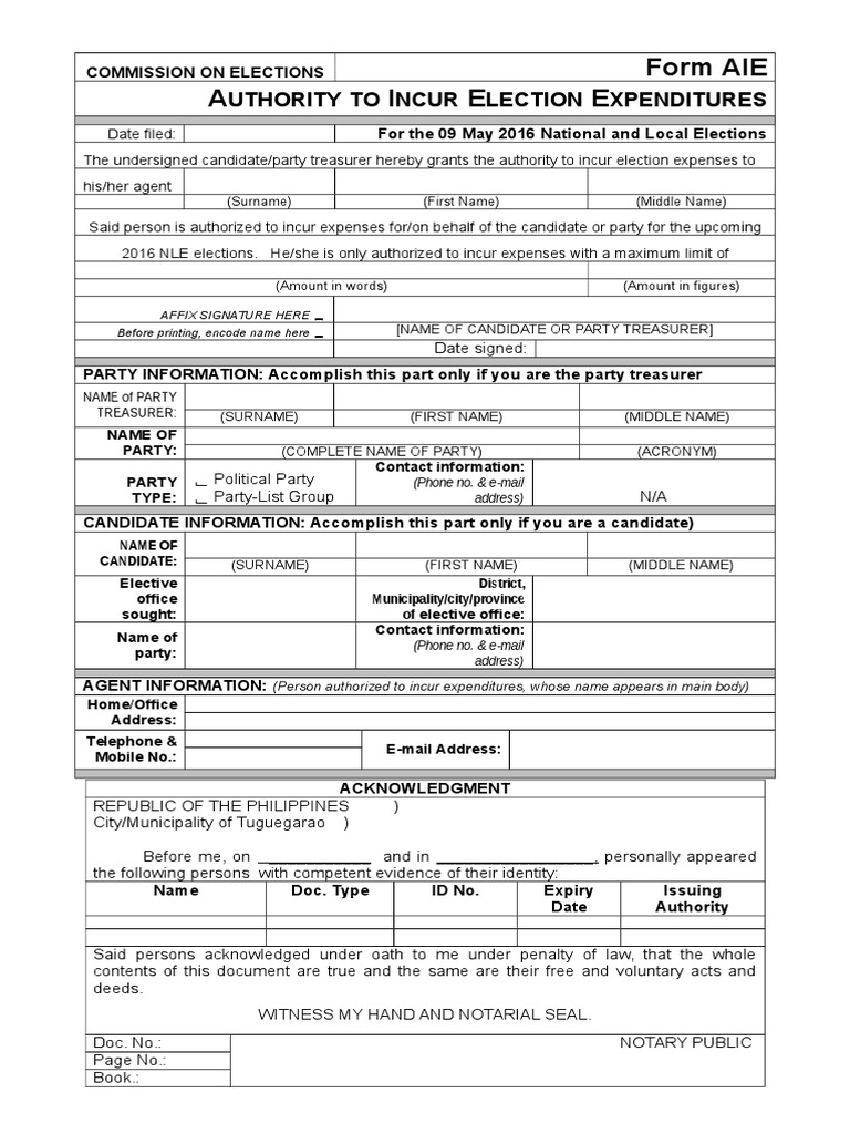 Form AIE A I E E: Uthority TO Ncur Lection Xpenditures | PDF
