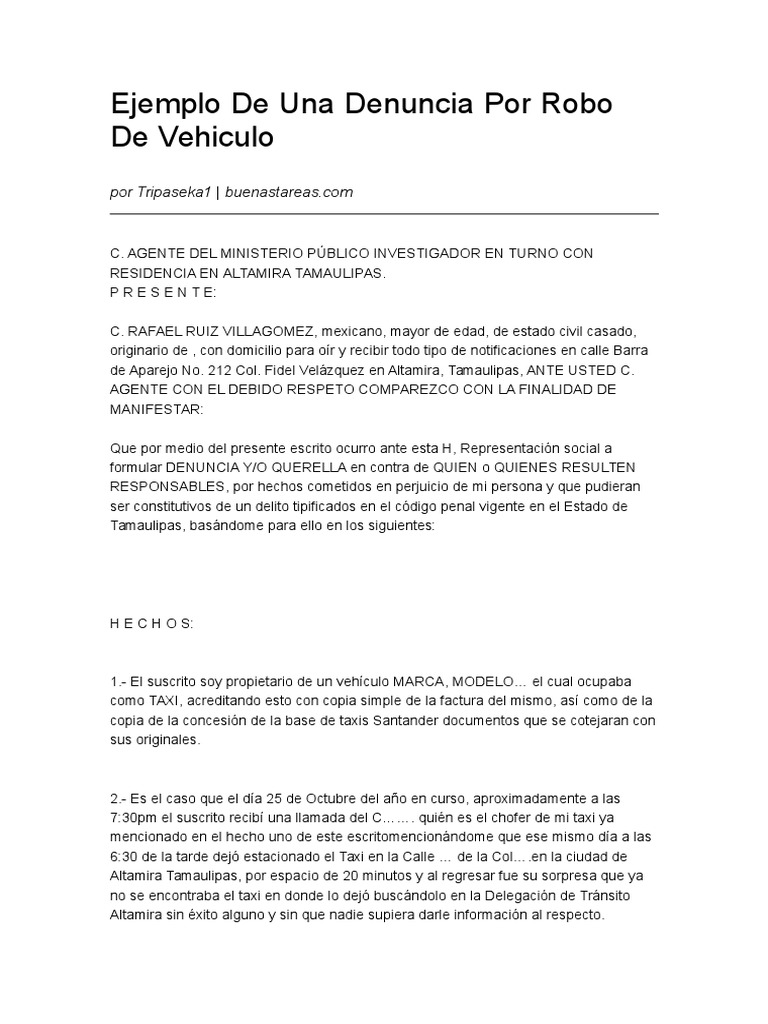 Denuncia Por Robo de Vehiculos | PDF Denuncia Por Robo de Vehiculos | PDF