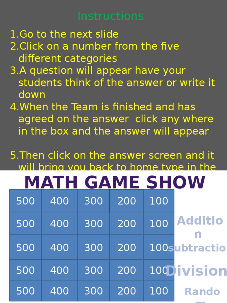 Mathgameshow | PDF | Games & Activities | Teaching Methods & Materials