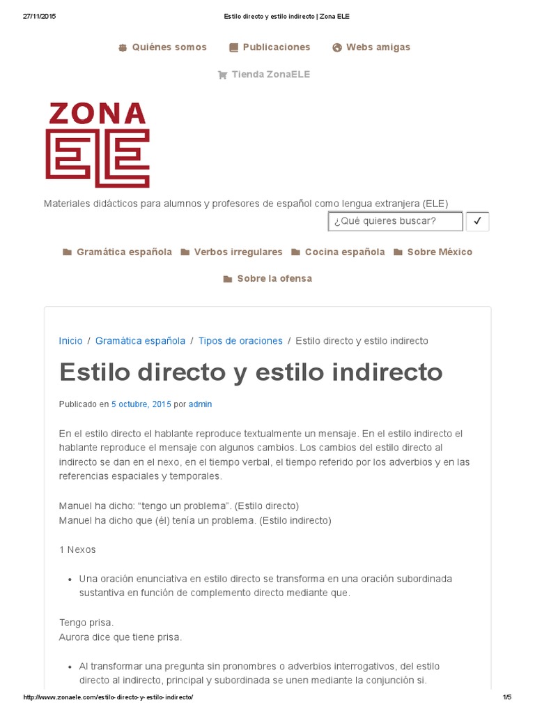 Estilo Directo y Estilo Indirecto - Zona ELE | PDF | Oración ...