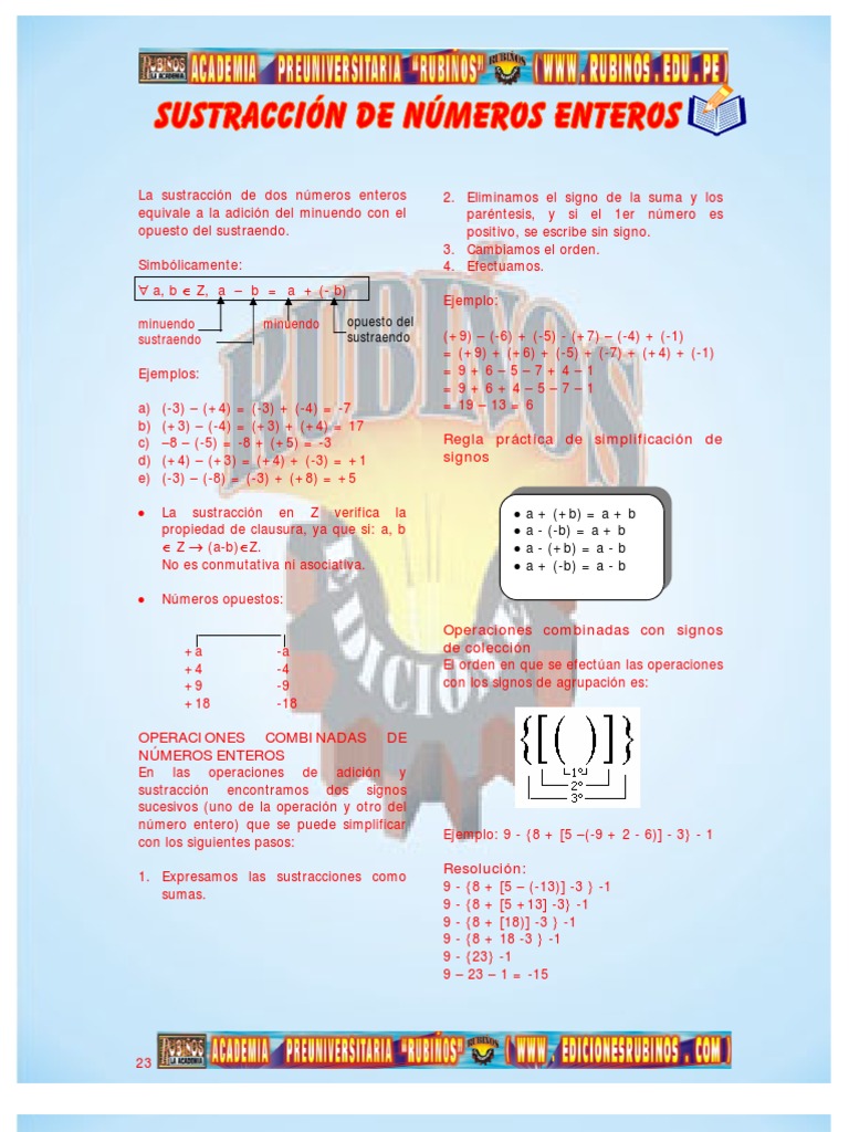 Sustracción de Números Enteros | PDF | Sustracción | Entero