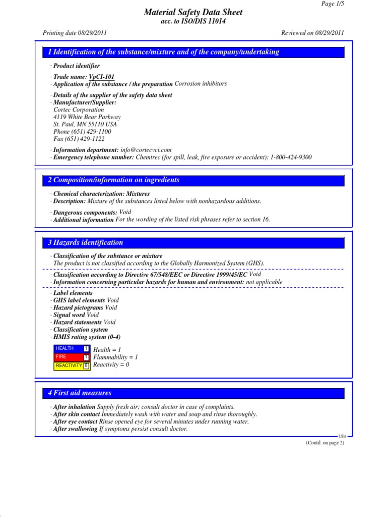 VpCI-101 MSDS for Corrosion Inhibitor | PDF | Dangerous Goods | Safety