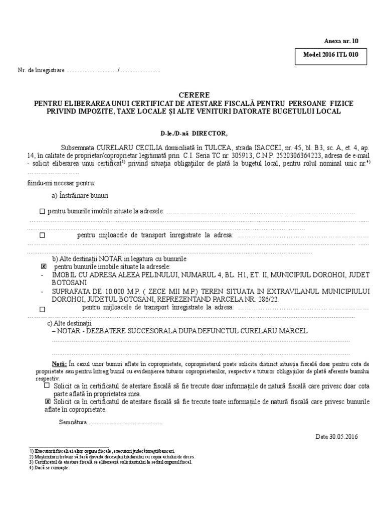 Cerere Pentru Eliberarea Unui Certificat de Atestare Fiscală Pentru ...
