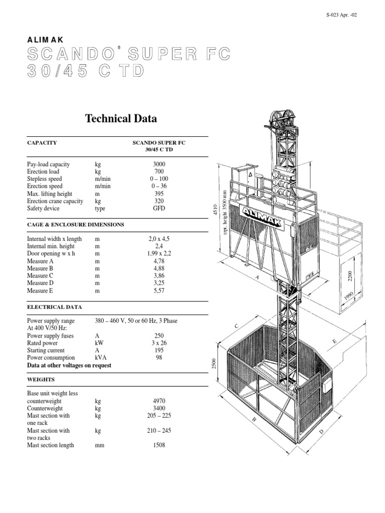 Alimak Scando Super FC Specifications | PDF | Technology & Engineering