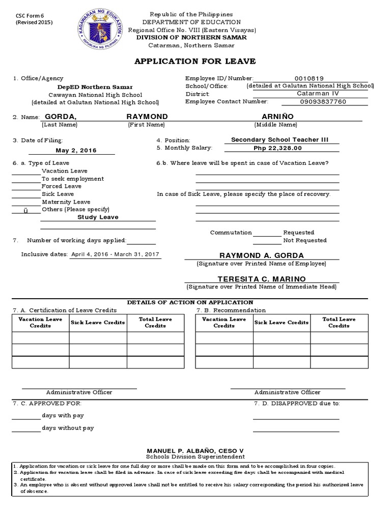 CSC Form6 | PDF | Sick Leave | Government