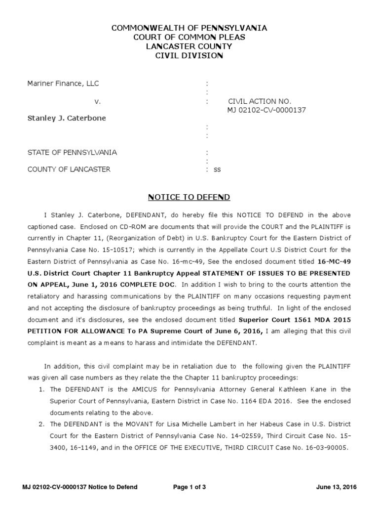 MJ 02102-Cv-0000137 Notice To Defend MDJ David Miller June 13, 2016 ...