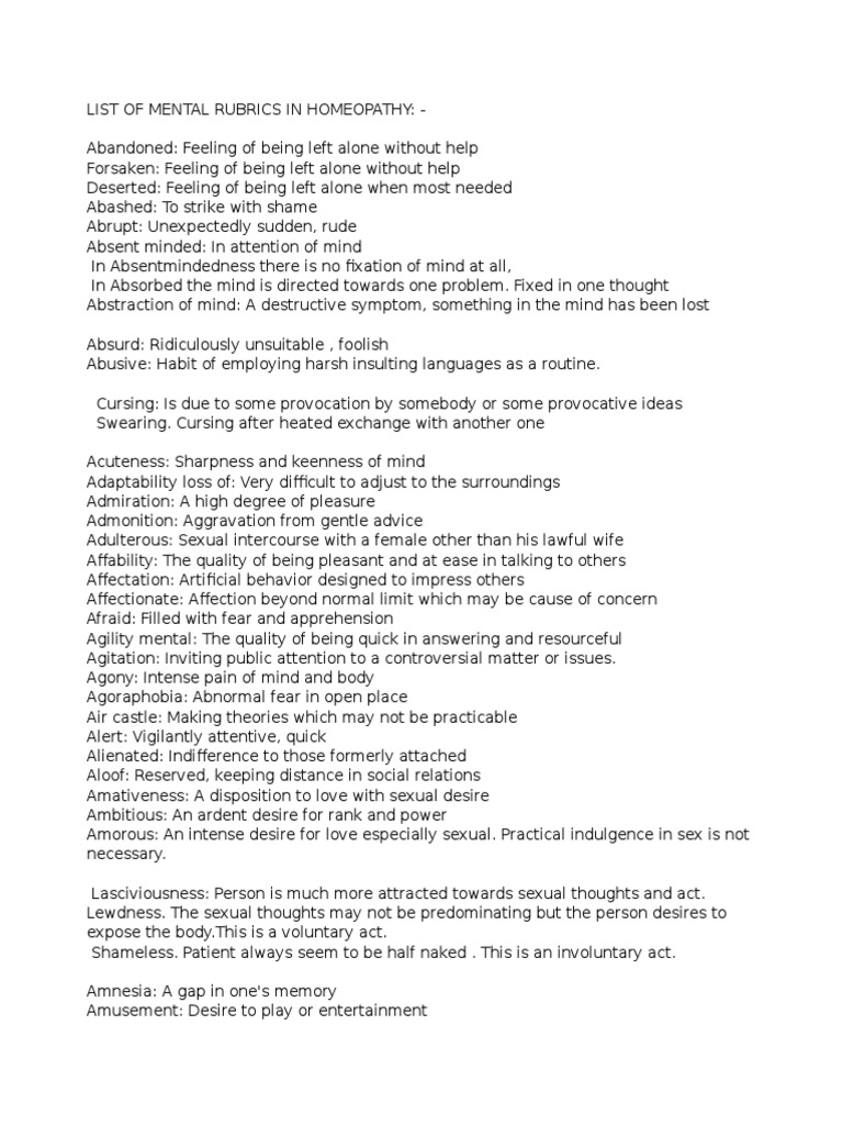 List of Mental Rubrics in Homeopathy | PDF | Feeling | Anger