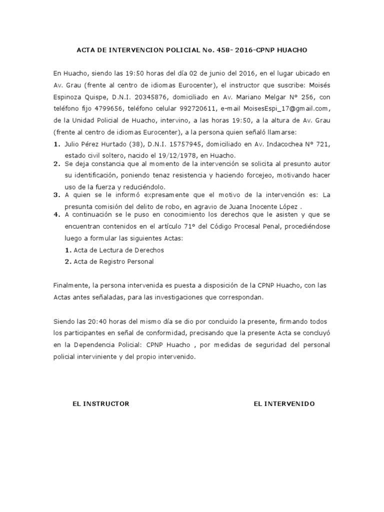 Modelo de Acta de Intervención Policial | PDF