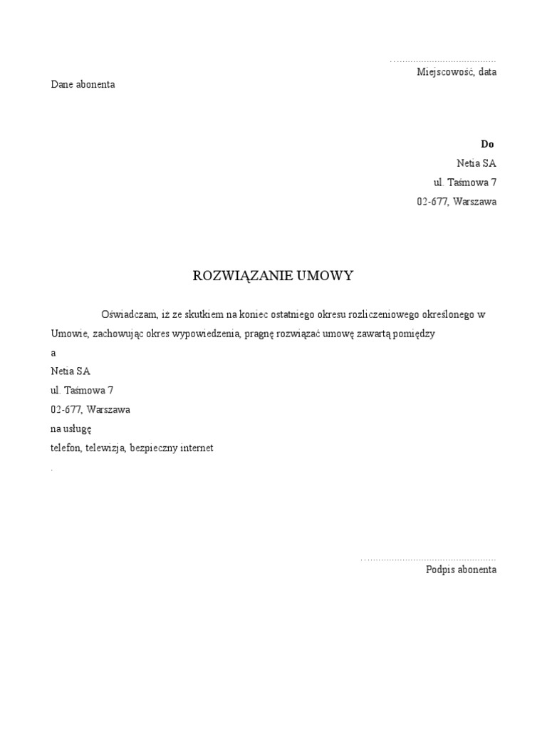 Rozwiazanie Umowy Netia | PDF