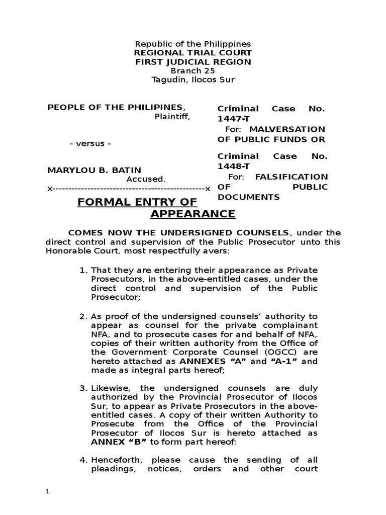 Draft Entry of Appearance Batin | PDF | Prosecutor | Legal Procedure