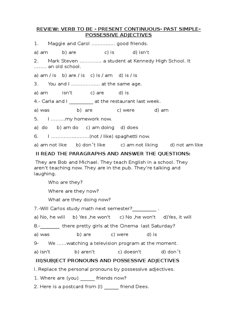 Review: Verb To Be - Present Continuous-Past Simple - Possessive ...