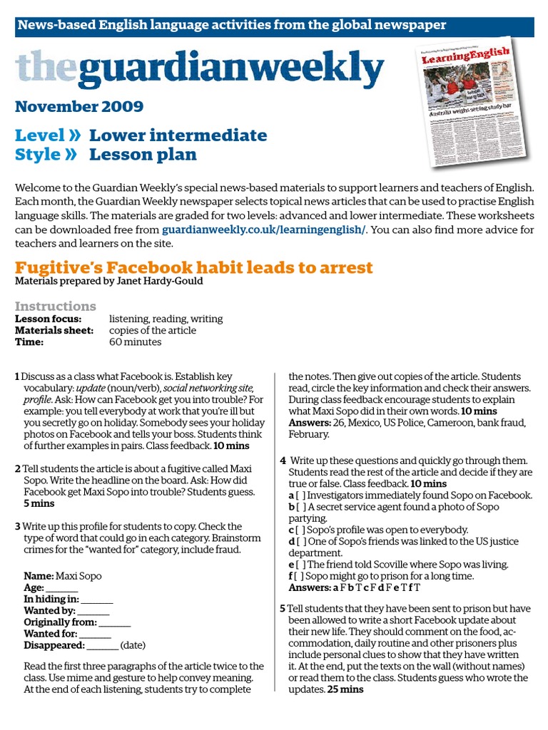 Lower Intermediate Lesson Plan (November) | PDF | Lesson Plan | Facebook