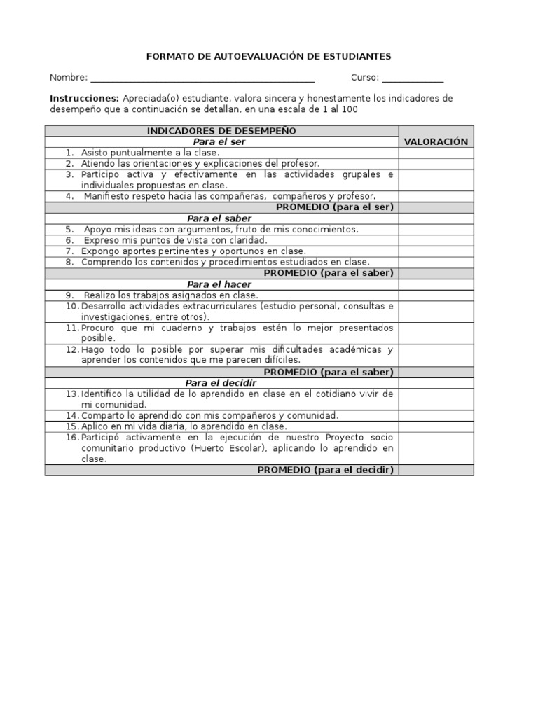 Autoevaluación Del Estudiante De Secundaria