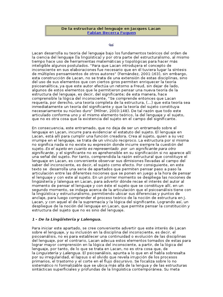 Lacan: Lenguaje y Estructura del Sujeto | PDF | Jacques Lacan ...