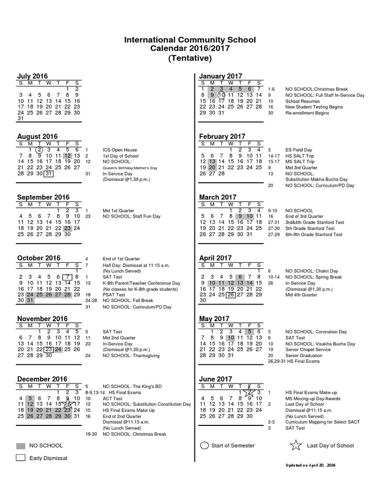 International Community School Calendar 2016/2017 (Tentative) | PDF