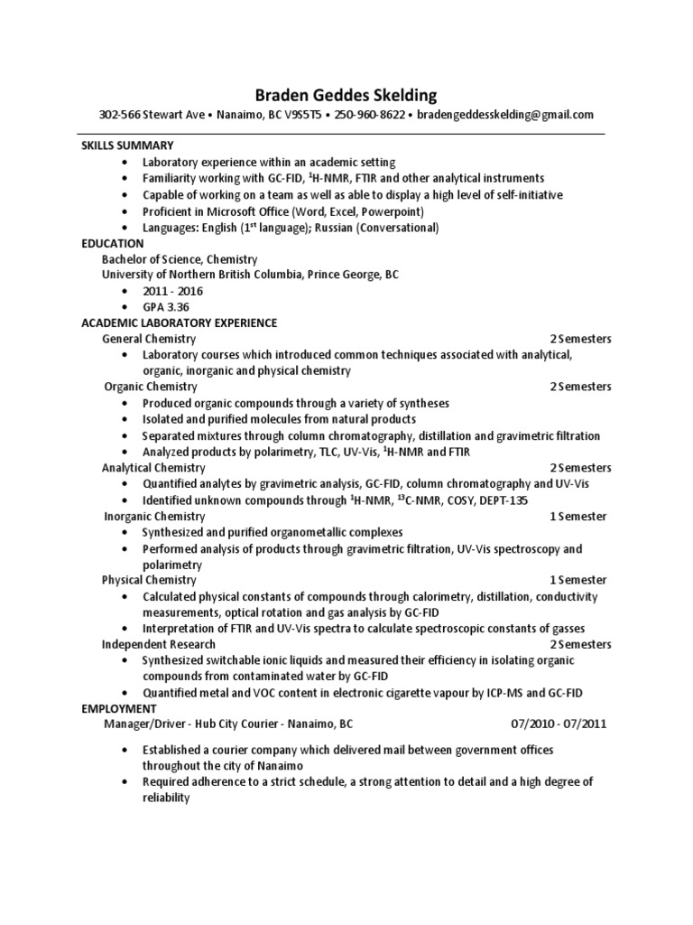 Braden Geddes Skelding: Chemistry Resume | PDF | Ultraviolet–Visible Spectroscopy | Organic ...