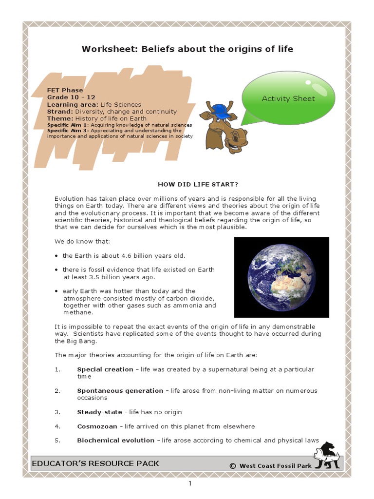 Origin Of Life Worksheet