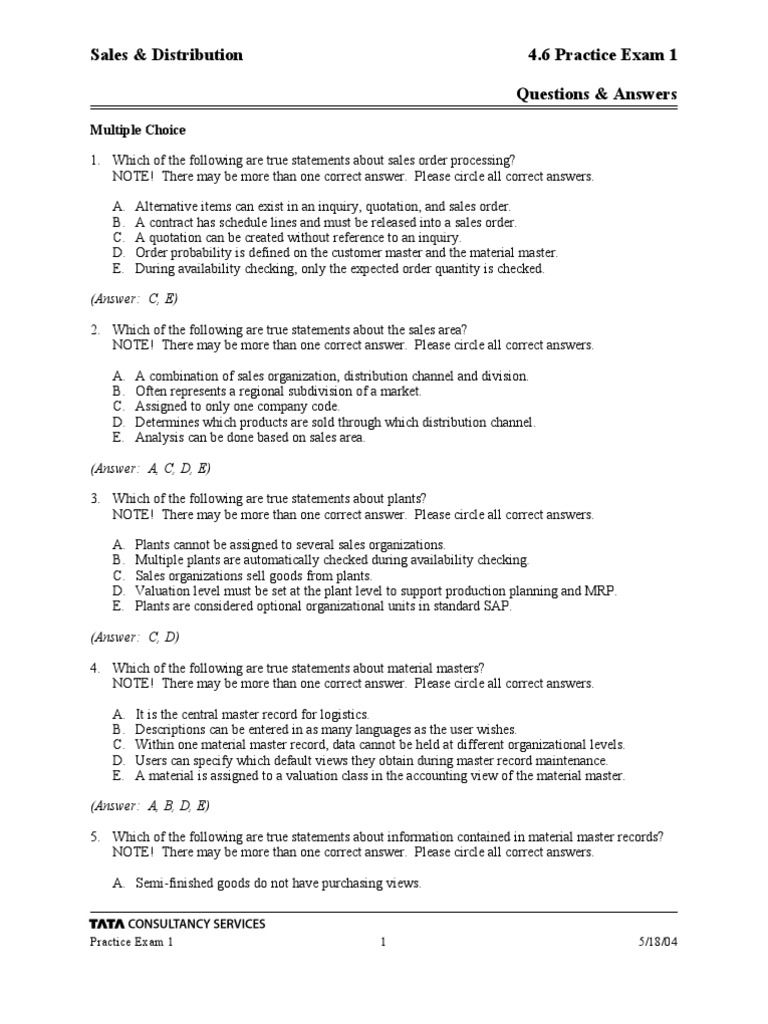Sales & Distribution 4.6 Practice Exam 1 Questions & Answers | Download ...