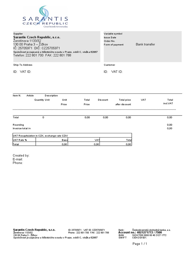 Sarantis Czech Republic, S.r.o.: Invoice Total in 0,00 | PDF