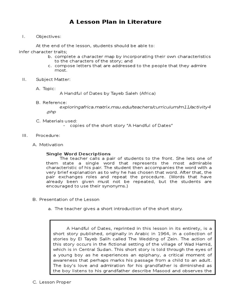 A Handful of Dates Lesson Plan | PDF | Lesson Plan | Question