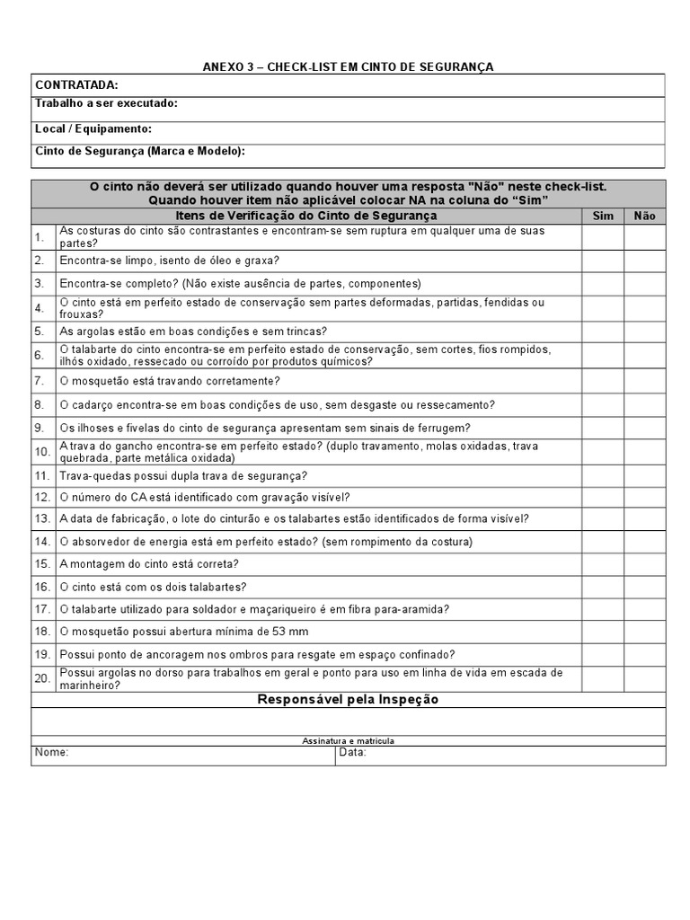 Check-List Cinto de Segurança | PDF