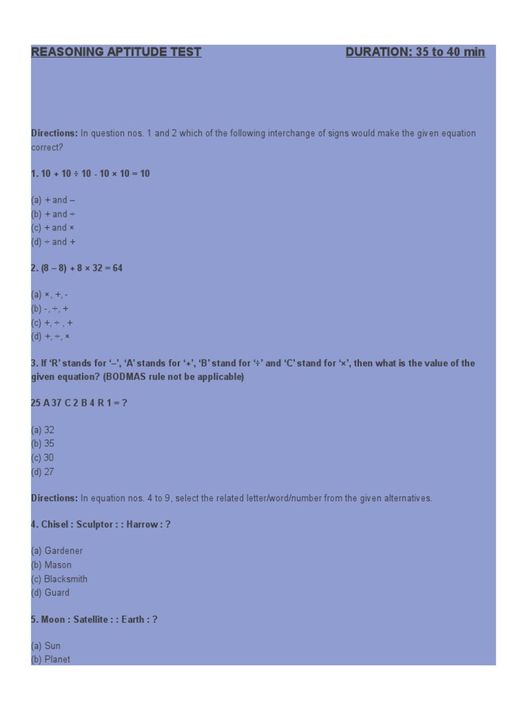 Reasoning Aptitude Test | PDF | Matrix (Mathematics) | Algebra