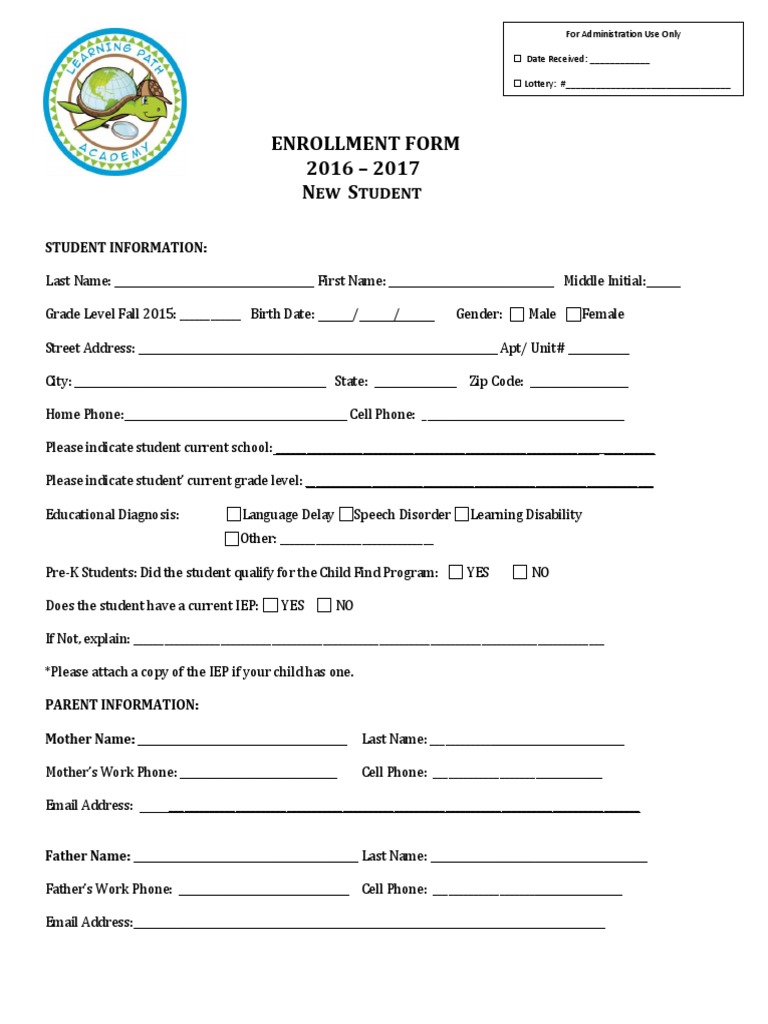 New Student Enrollment Form 2016-2017 | PDF | Individualized Education ...