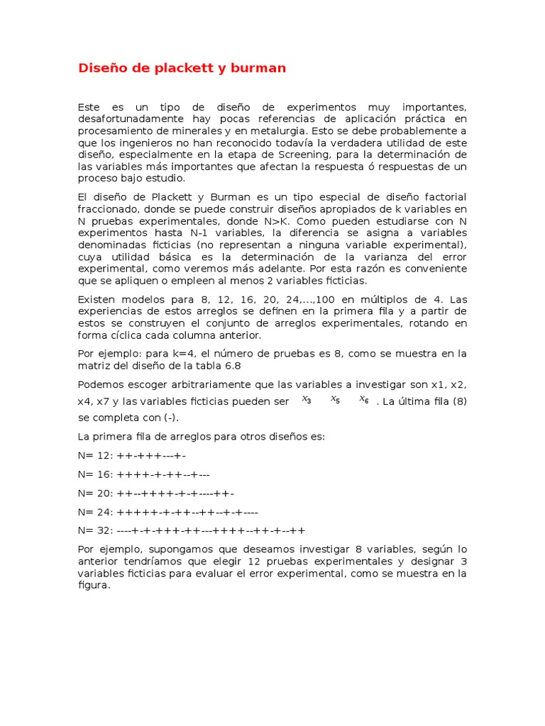 Diseño de Plackett y Burman | PDF | Matriz (Matemáticas) | Cobre