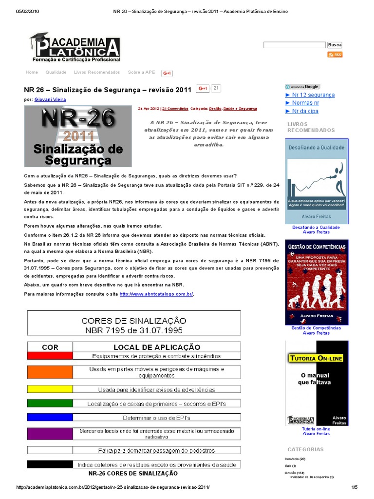 NR 26 - Sinalização de Segurança - Revisão 2011 - Academia Platônica de ...