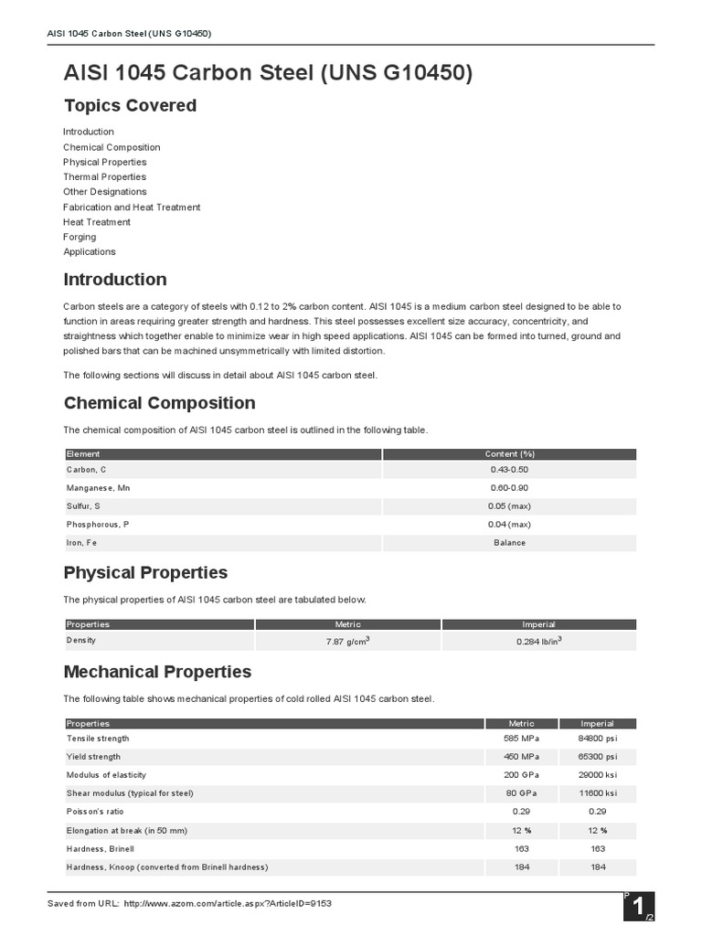 Aisi 1045 Carbon Steel (Uns g10450) | PDF | Strength Of Materials | Steel