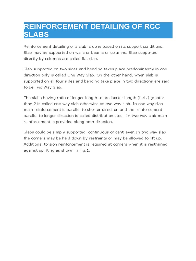 RCC Slab Reinforcement Detailing Guide | PDF | Column | Structural ...
