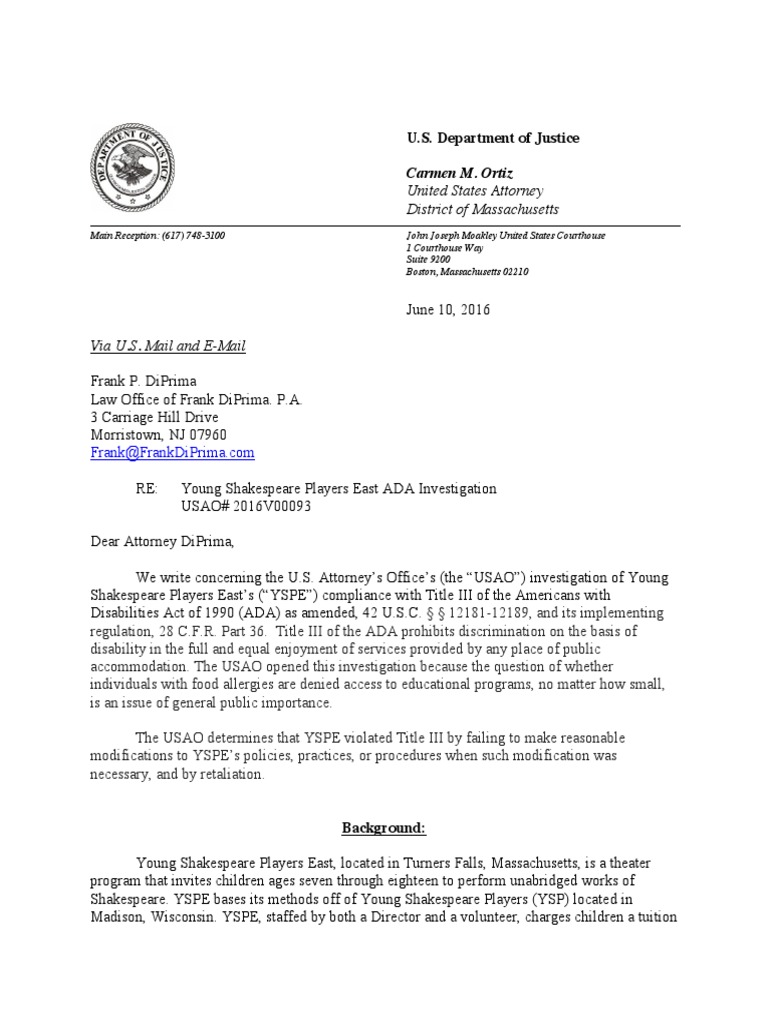 DOJ Letter of Findings | Americans With Disabilities Act Of 1990 | Food ...