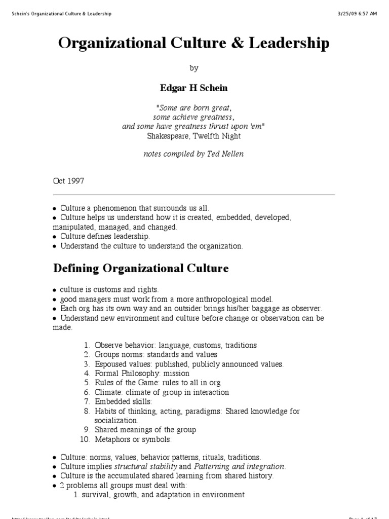 Schein's Organizational Culture & Leadership | PDF | Organizational ...
