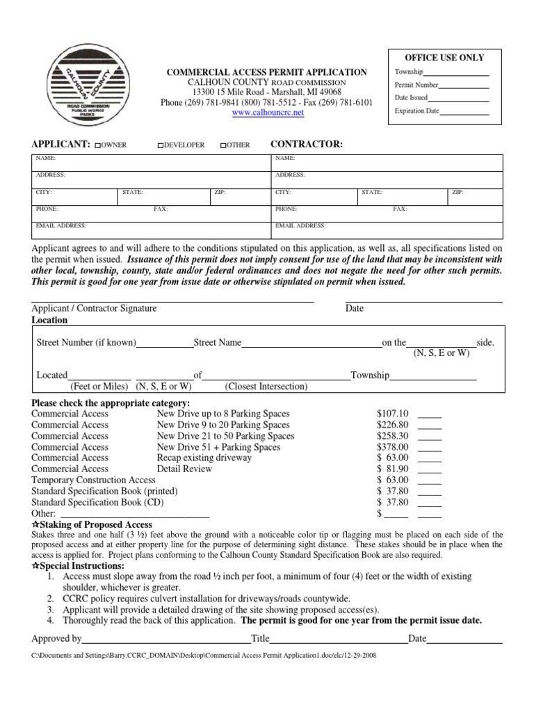 Applicant: Contractor:: Commercial Access Permit Application Office Use ...
