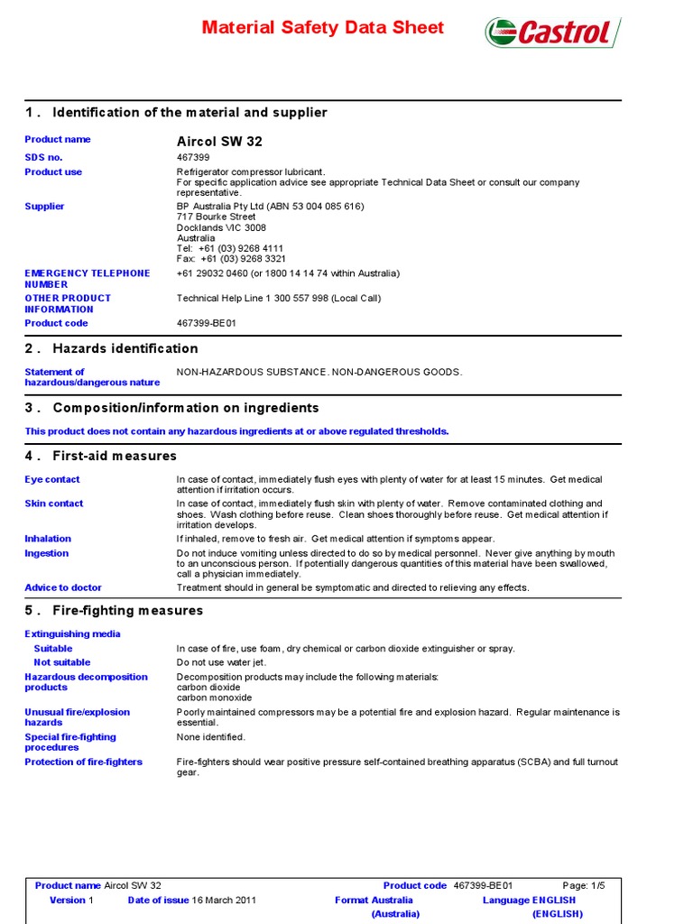 MSDS - Castrol - Aircol - SW - 32 | PDF | Personal Protective Equipment ...