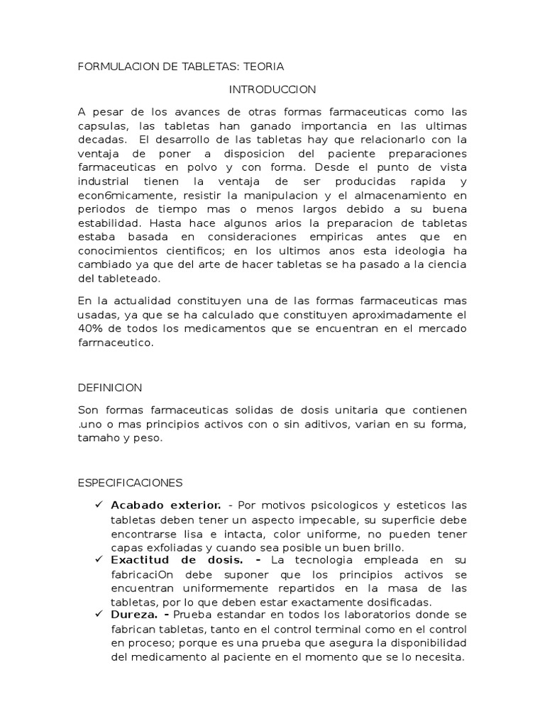 Formulacion de Tabletas | PDF | Medicamentos con receta | Tableta ...