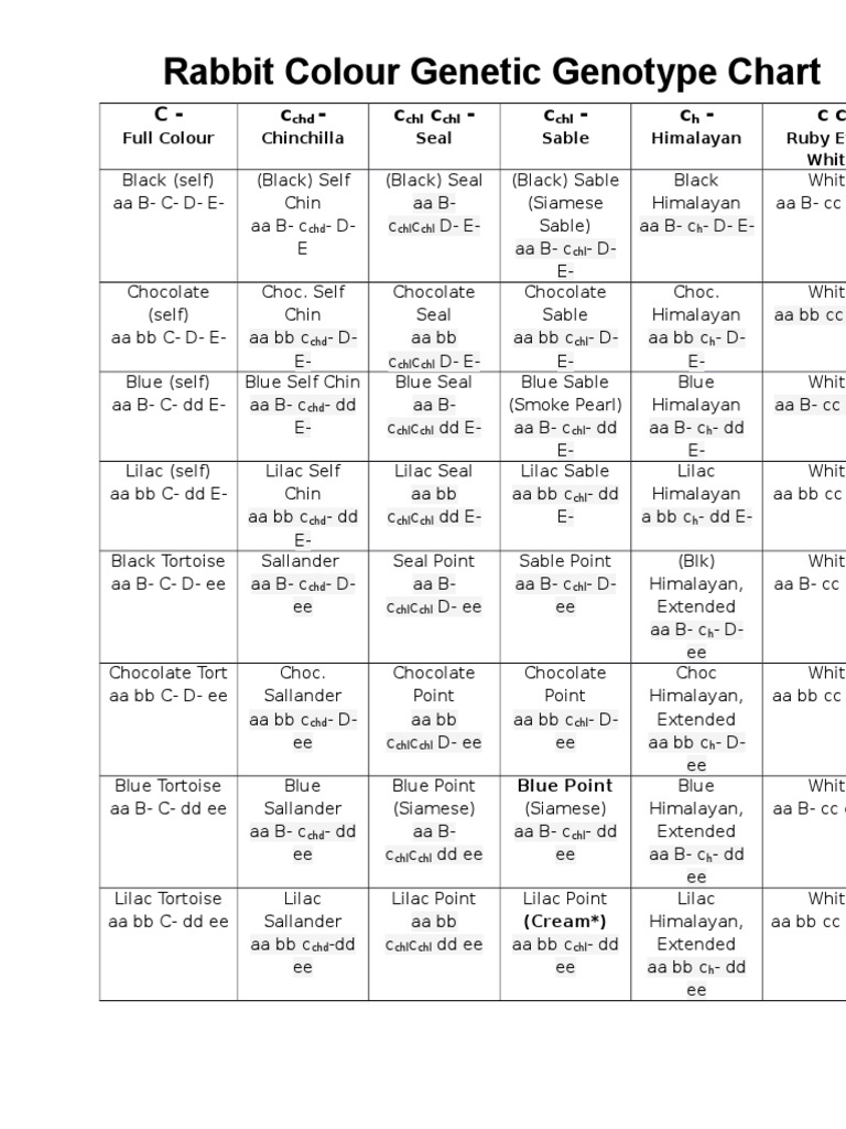 Rabbit Colour Genetic Genotype Chart: C-C - C C - C - C - CC | PDF ...