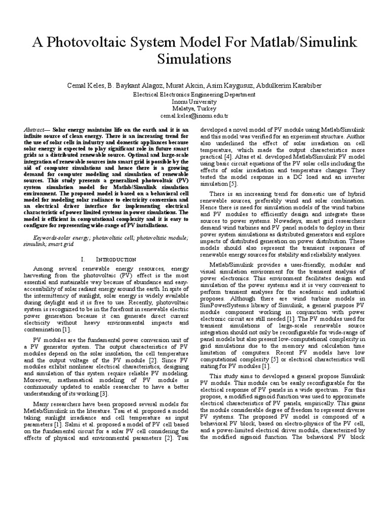 (ART) A Photovoltaic System Model For Matlab Simulink PDF | PDF ...
