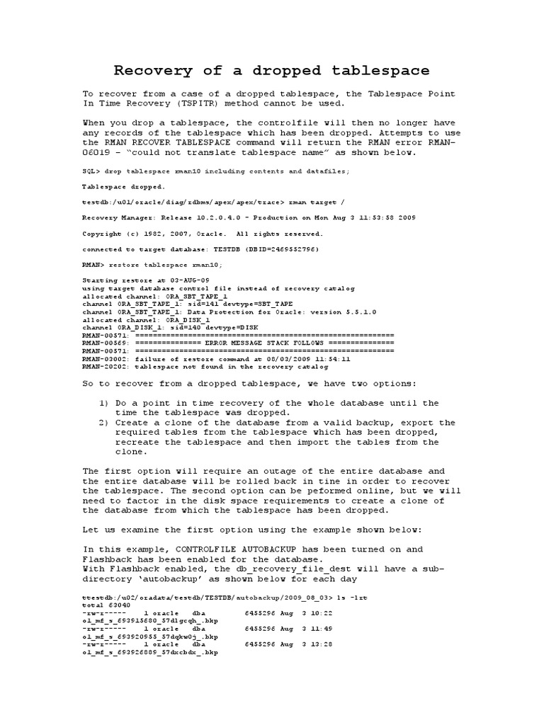 Recovery Of A Dropped Tablespace Pdf Oracle Database Backup