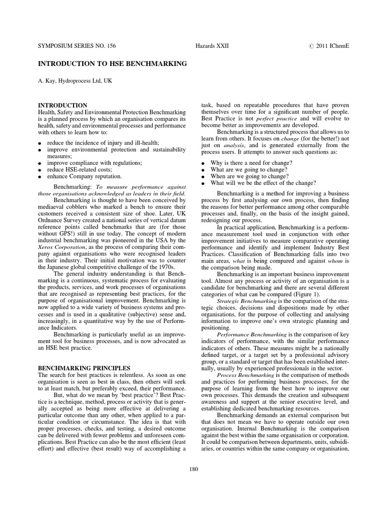 Introduction To Hse Benchmarking: Symposium Series No. 156 Hazards Xxii ...