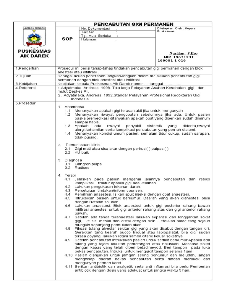 Sop Pencabutan Gigi Permanen MTR | PDF | Kesehatan Holistik