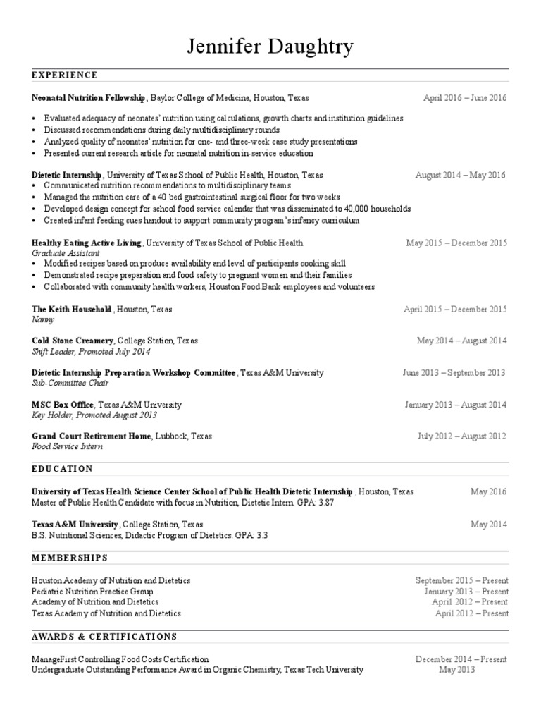 Jennifer Daughtry: Nutrition Expertise Resume | PDF | Wellness