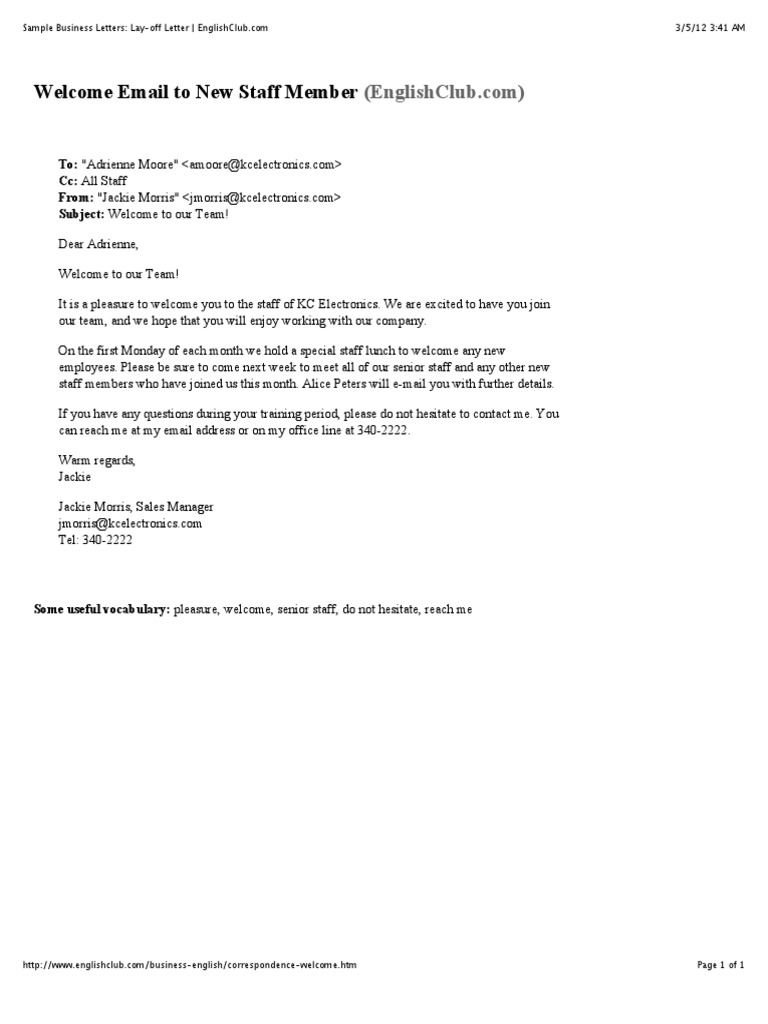 Welcome Email To New Staff Member | PDF | Career & Growth