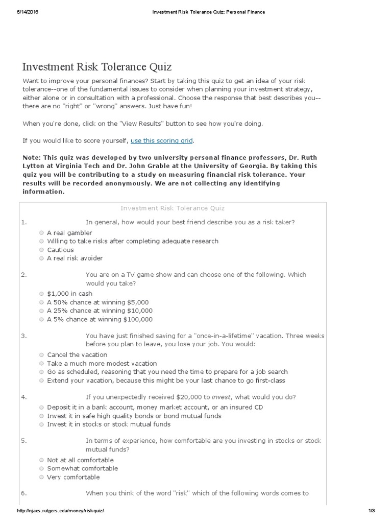 Investment Risk Tolerance Quiz - Personal Finance | PDF | Bonds ...