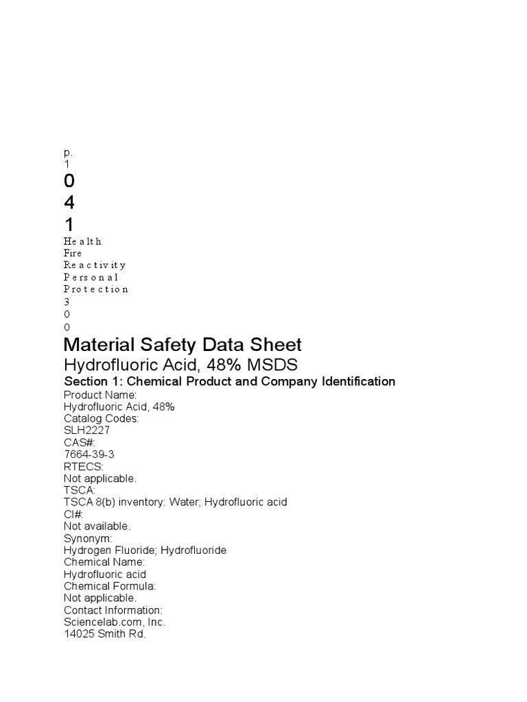 Hydrofluoric Acid, 48% MSDS: Section 1: Chemical Product and Company ...
