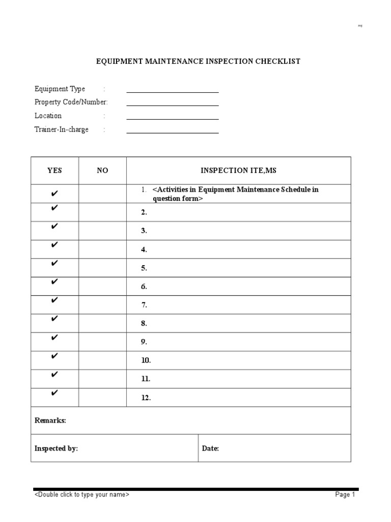 Equipment Inspection And Maintenance Worksheet