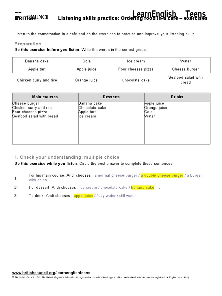 Ordering Food in A Cafe - Exercises 4 | PDF
